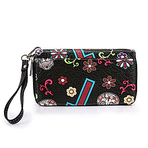 Sugar Skull Wallet PU Leather Western Wristlet Wallet (Black Sugar Skull)