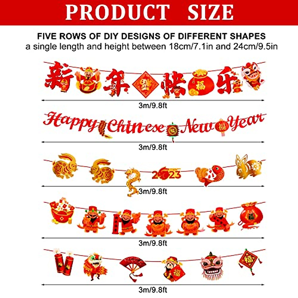 OBANGONG 5 Pcs 2023 Chinese New Year Banners Decorations Happy New Year Hanging Banners Ornaments Year of Rabbit Chinese Luna New Year Banner Spring Festival Party Supplies