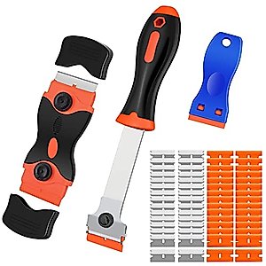Razor Blade Scraper, 3 Pack Razor Scraper Tool with 50 Plastic and 30 Metal Razor Blades, Cleaning Scraper, for Removing Label, Registration Sticker, Tint, Grease from Windshield, Appliance, Glass