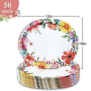 Boosolo Floral Paper Plates Party Supplies Bulk,Spring Floral Bridal Shower Decorations,12 in Large Oval Disposable Party Plates for Mothers Day Wedding Spring Tea Party Decor …