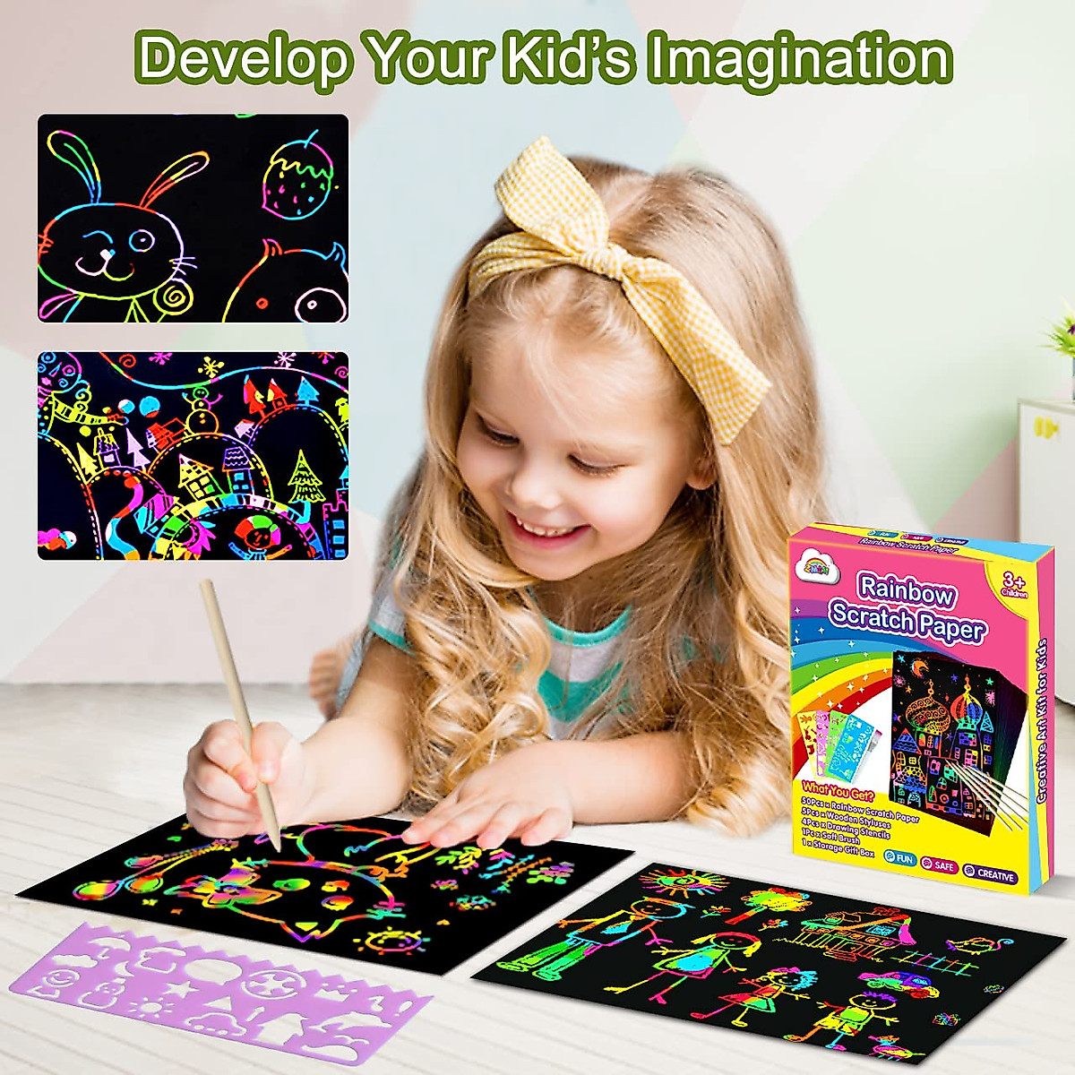 ZMLM Gift Christmas for Girl Art-Craft Kit: Rainbow Scratch Paper Magic Art Craft Project Supply Toddler Drawing Activity Kid Travel Toy Age 3-12 Year Old Birthday Gift