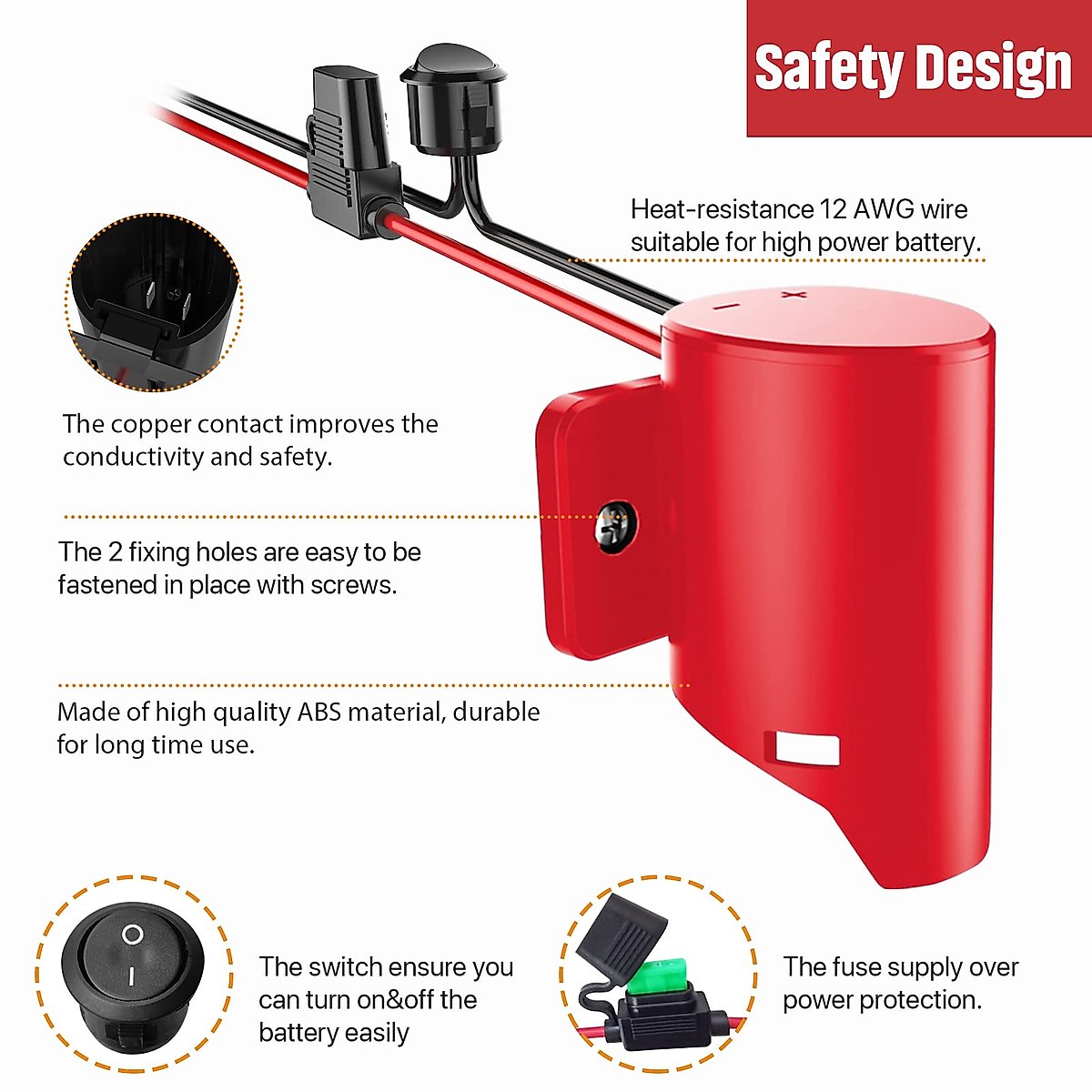 Power Wheel Adapter with Fuse & Switch, Secure Battery Adapter for Milwaukee 12V M12 Lithium Battery, with 12 Gauge Wire, Good Power Convertor for DIY Ride On Truck, Robotics, RC Toys and Work Lights