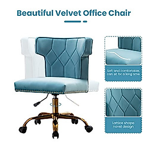 Recaceik Modern Velvet Home Office Chair, Adjustable Leisure Swivel Desk Chairs with High Back 360 Degree Castor Gold Wheels for Living Room/Bedroom/Office (Light Blue)