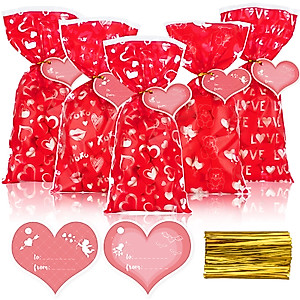 Whaline 160Pcs Valentine's Day Cellophane Bags with 40Pcs Gift Tags 4 Design Red Cello Bag with Twist Tie Love Heart Bear Lip Goodie Candy Treat Bags Party Favor Bags for Wedding Anniversary Supplies
