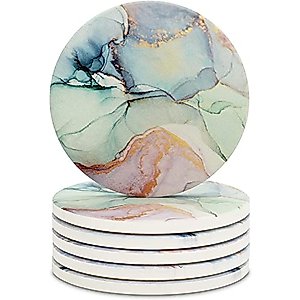 HSEHLD Marble Coasters for Drinks, Geode Coasters, Agate Coaster Large Absorbent, Water Absorbing Coasters for Glass Table Top - Large 4 inch Size, Set of 6 (Mint Green Marble)