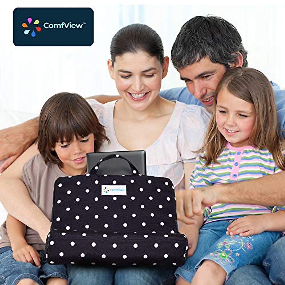 ComfView The Tablet Pillow - Soft Bed Stand Compatible with iPads, Tablets, Books, Smartphone, Magazines - Lap Wedge Mount for Reading, Gadgets, Watching Movies - 11x12x6-Inch (Black White Polka Dot)