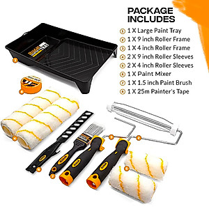 Raulde Paint Roller Kit of 10 Pcs - Includes a Paint Tray, Brush, Large and Mini Rollers & Sleeves, Paint Repellent Masking Tape, Paint Mixer - Roller Set for Painting Walls