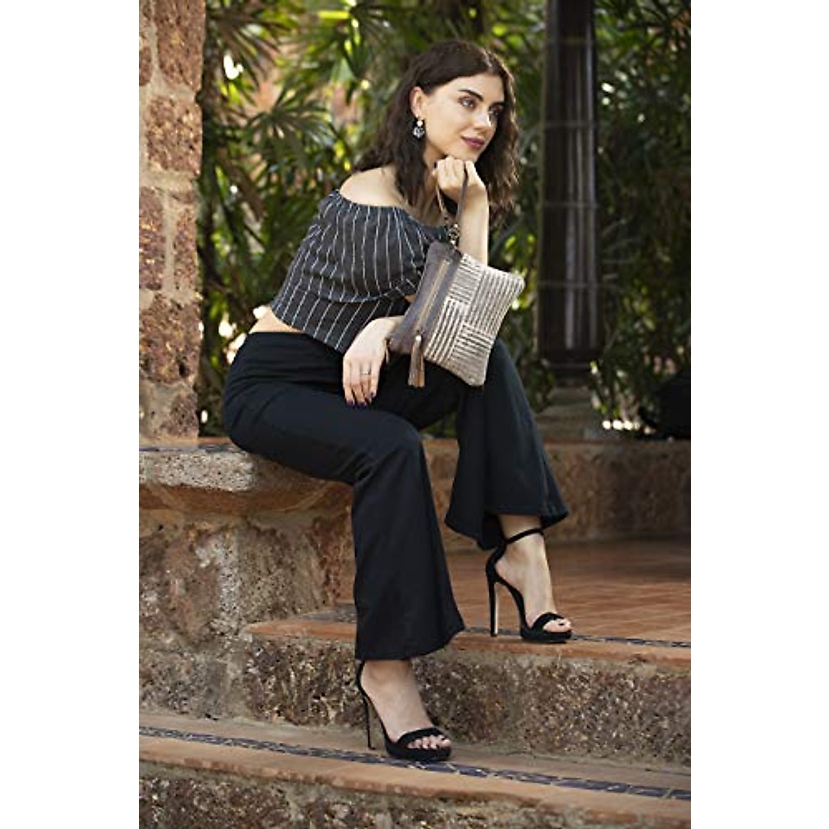 Myra Bag Puzzled Upcycled Canvas & Leather Pouch Wristlet Bag S-1565