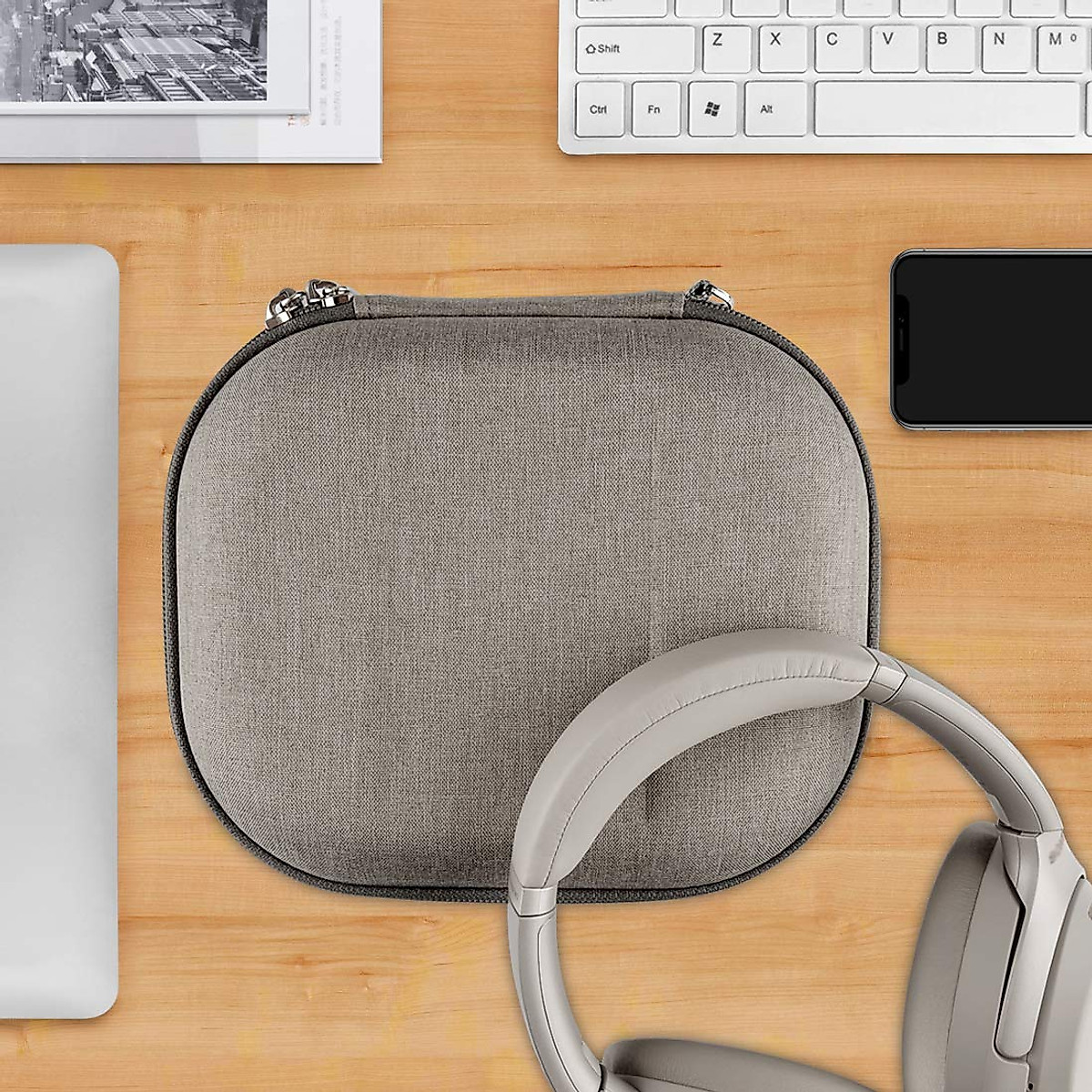 Geekria Shield Headphones Case Compatible with Sony WH-XB910N, WH-XB900N, MDR-1000X, Replacement Hard Shell Travel Carrying Bag with Cable Storage (Light Brown)