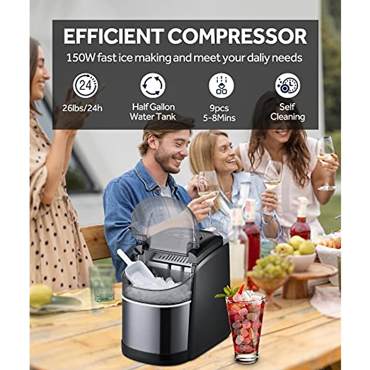 Countertop Ice Maker, FREE VILLAGE Ice Maker Machine for Countertop 9 Ice Ready in 6 Mins, 26Lbs/24H, Self-Cleaning Function, Portable Ice Maker with Ice Scoop & Basket for Home/Party/Camping (Black)