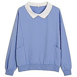 Wrenpies Women Sweatshirts Cotton Hoodie Aesthetic Pullover Turn-Down Collar Sweatshirt for Girls Kawaii Clothes Pocket Tops (Blue,M,Medium)