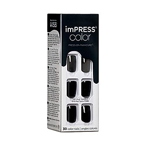 KISS imPRESS Color Press-On Nails, Gel Nail Kit, PureFit Technology, Short Length, “All Black”, Polish-Free Solid Color Manicure, Includes Prep Pad, Mini Nail File, Cuticle Stick, and 30 Fake Nails
