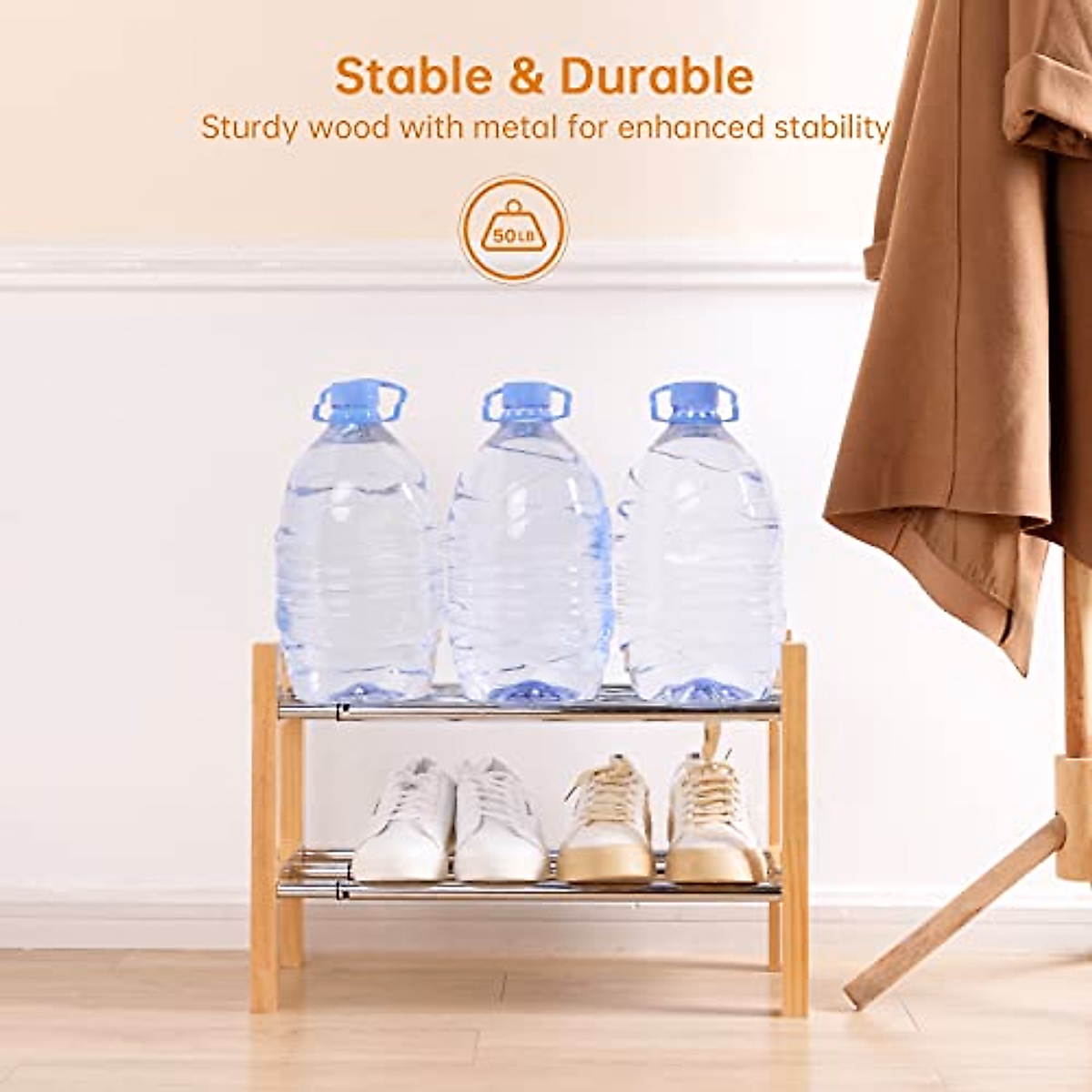 Nroech Expandable Shoe Rack Storage Organizer-Adjustable 2 Tier Wood and Metal Shoe Shelf Heavy Duty Free Standing Shoe Rack for Closet Bedroom Entryway (Natural)