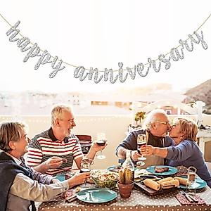 INNORU Glitter Silver Happy Anniversary Banner - Anniversary Sign - Birthday Banner - 1st Wedding Anniversary Party Bunting Decoration Photo Props
