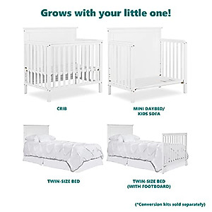 Dream On Me Ava 4-in-1 Convertible Mini Crib in White, Greenguard Gold Certified, Non-Toxic Finish, Comes with 1" Mattress Pad, with 3 Mattress Height Settings