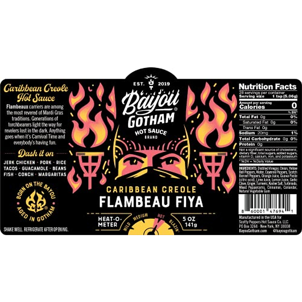 Bayou Gotham Hot Sauce - FLAMBEAU FIYA Caribbean Creole - Scotch Bonnet, Guava, Ginger, Caribbean Spices Condiment - All Natural, Vegan, Gluten Free, Low Sodium, Small Batch, Award Winning Craft Hot Sauce - 5oz
