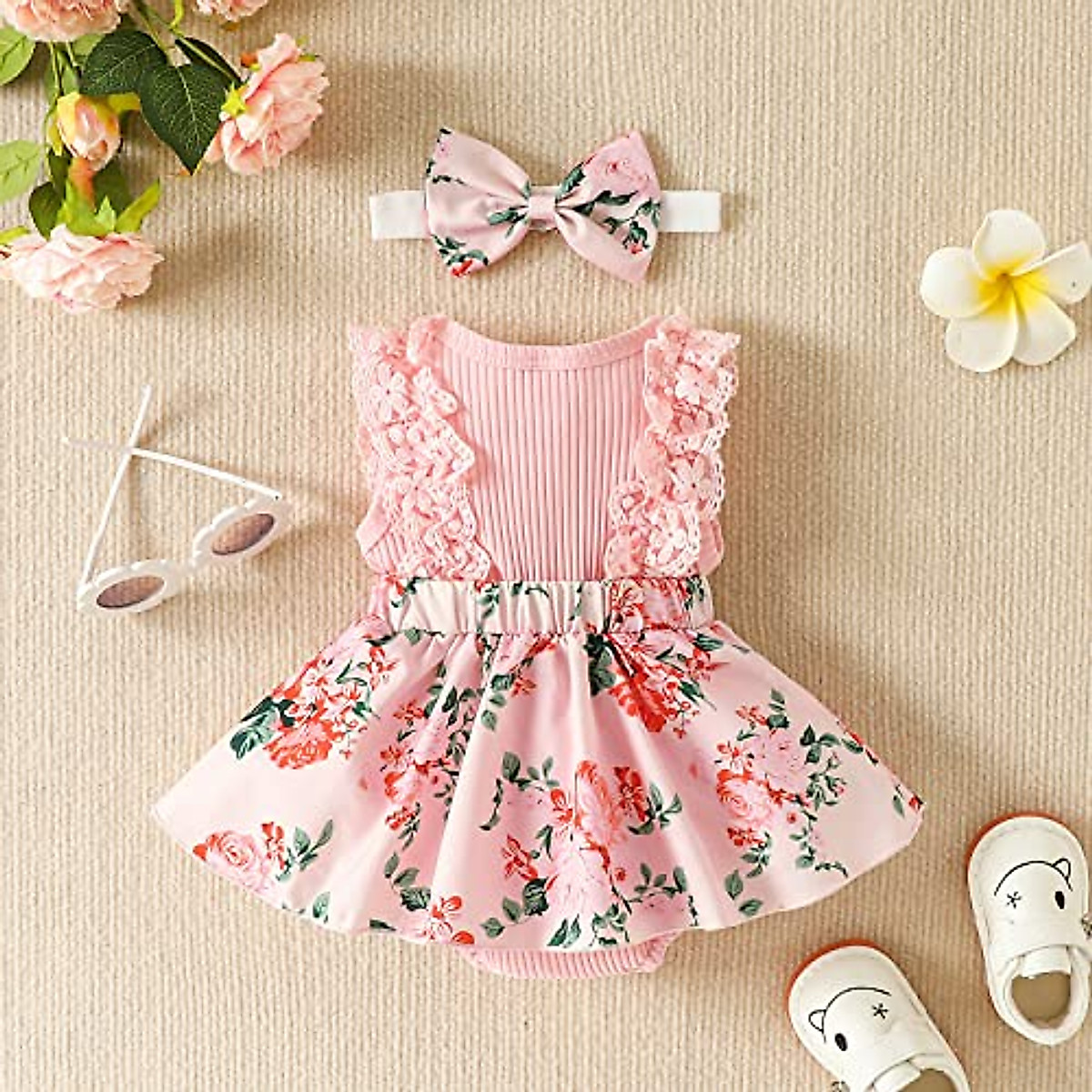 Mubineo Baby Girl Summer Clothes Outfits Sleeveless Lace Floral Romper Dress Newborn Outfit (Pink, 3-6 Months)