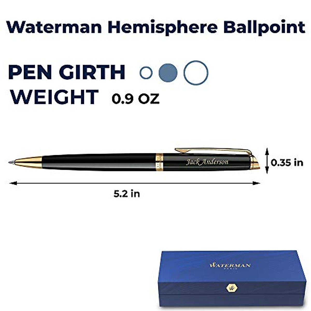 Dayspring Pens Personalized Waterman Pen | Engraved Waterman Hemisphere Lacquer Black with Gold Trim Ballpoint Pen. Luxury Gift Pen. Custom Engraved