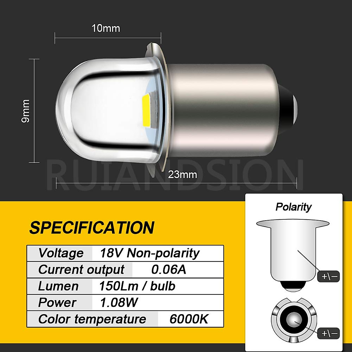 Ruiandsion Upgrade LED Flashlight Bulb 18V P13.5S Base Socket White LED Bulbs Replacement for Flashlight Torch Lights,Non-Polarity (Pack of 5)