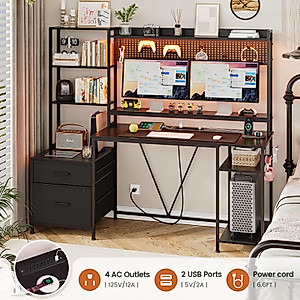 UPOSOJA Gaming Desk with Hutch, 65in Reversible Computer Desk with Power Outlets LED Light, Home Office Desk with Monitor Stand 2 Drawers 4 Storage Shelves Pegboard 8 Hooks Mouse Pad(Black)