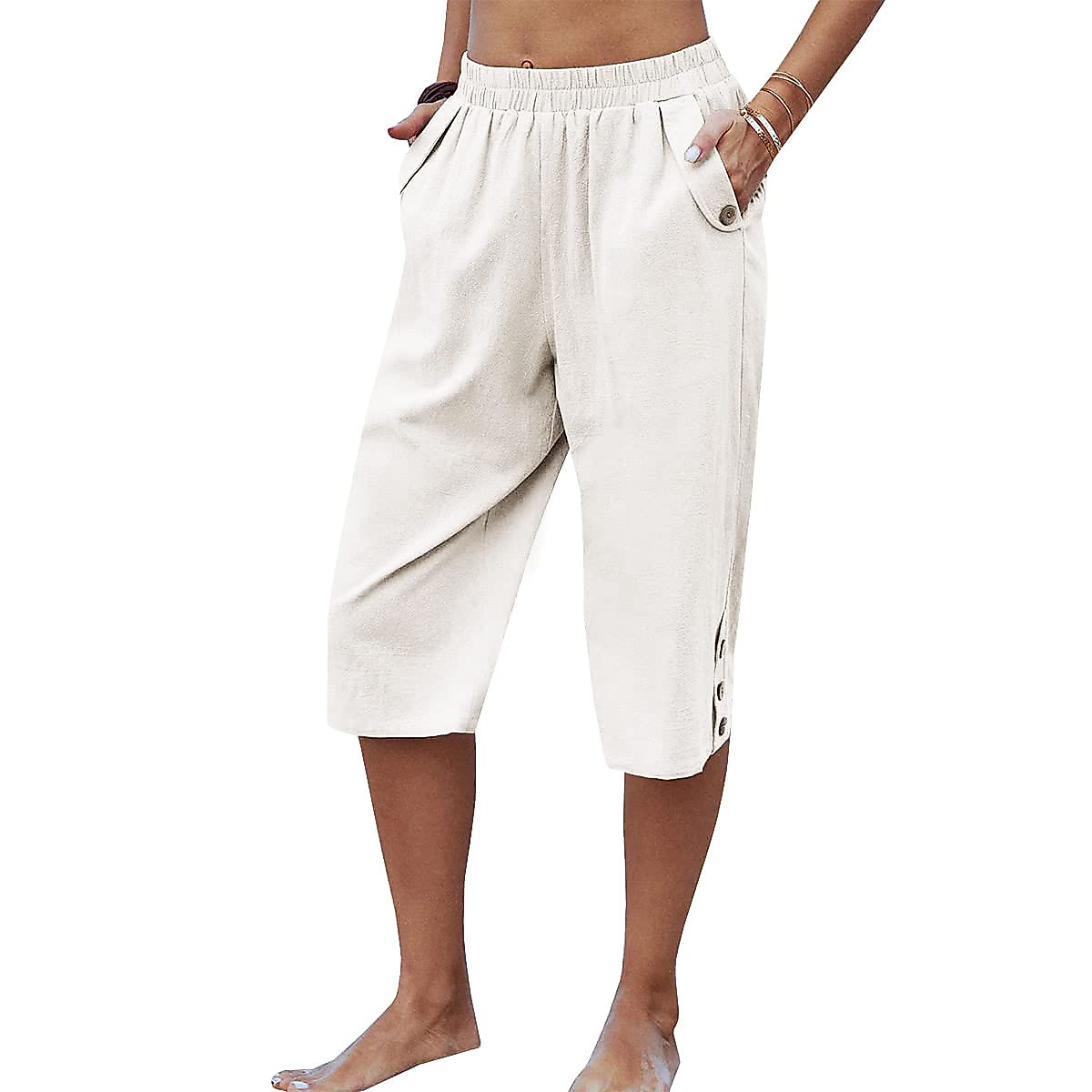 Veatzaer Lady Capri Harem Pants Elastic Waist Yoga Trousers 3/4 Length Casual Loose Pant with Pockets(Khaki,XL), X-Large