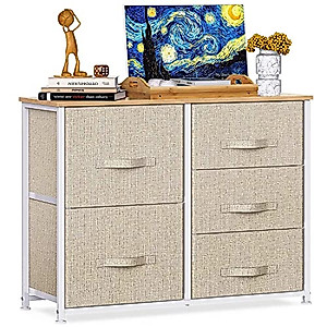 Pipishell Fabric Dresser with 5 Drawers, Wide Dresser Storage Tower, Organizer Unit with Wood Top and Easy Pull Handle for Closets, Living Room, Nursery Room, Hallway