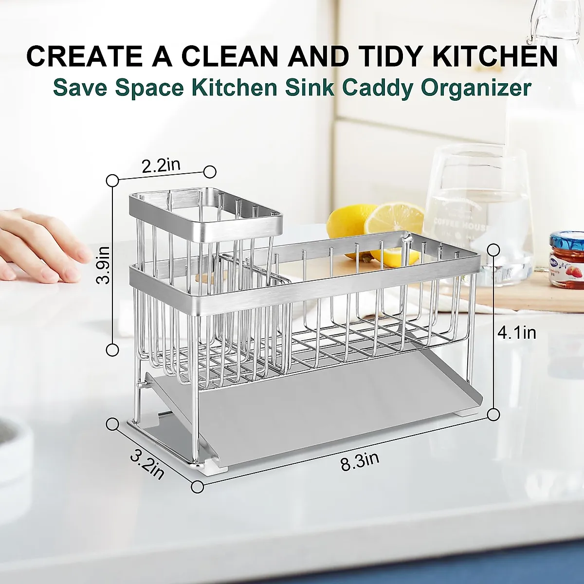 EEKEDO Kitchen Sink Caddy Organizer with Auto Drain Tray and Divider, Sponge Holder and Brush Storage for Kitchen, Rustproof Stainless Steel - Silver