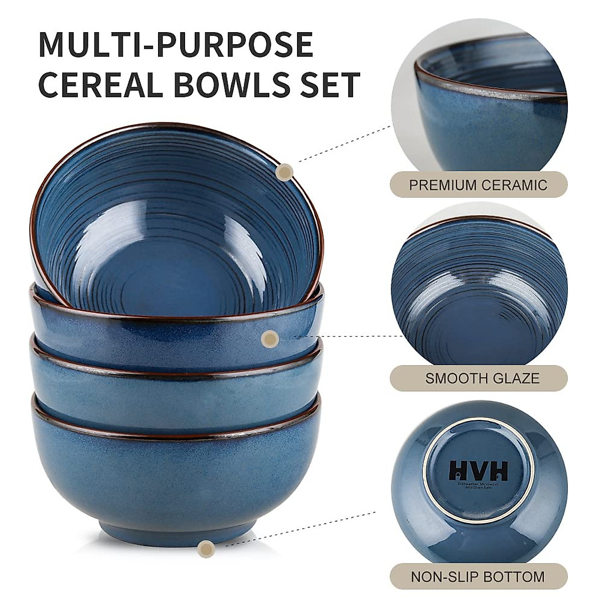 HVH Ceramic Cereal Bowls Set of 4, Soup Bowls Microwave Safe, 24 oz Ceramic Bowls for Kitchen, Salad, Oatmeal, Soup, Noodle, Farmhouse Style (Blue)