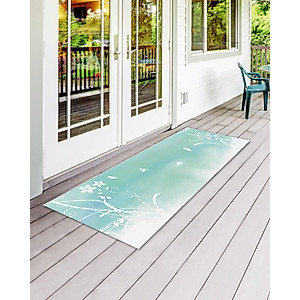 Welcome Mats, Floral Butterfly and Grass Silhouette on Green Door Mat, Non-Slip Absorbent Large 16x47 Inch Outdoor Indoor Mat Low-Profile Floor Mat Doormat for Entryway/Patio/Garage