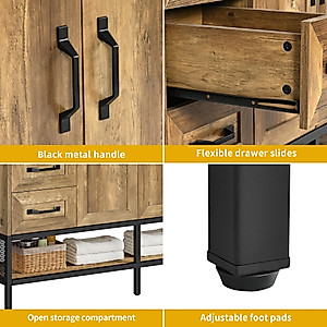 DWVO 48" Double Rustic Bathroom Vanity, Dark Brown Bathroom Vanity with Double Sink and Drawers Side Cabinet Combo Set & Shelf, Iron Wood Bathroom Cabinet with Boat Tempered Glass Vessel Sink