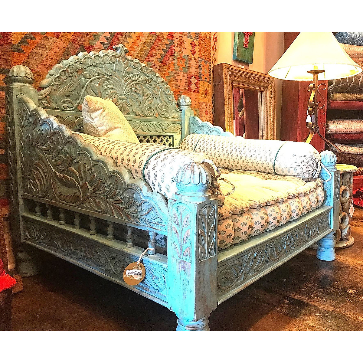 Carved Jhula Arch Love Seat. Hand Crafted from Solid Mahogany Wood. Designed & Imported by Worldcraft (Blue Percentage Finish, Love Seat: 34Dx33Wx42H)