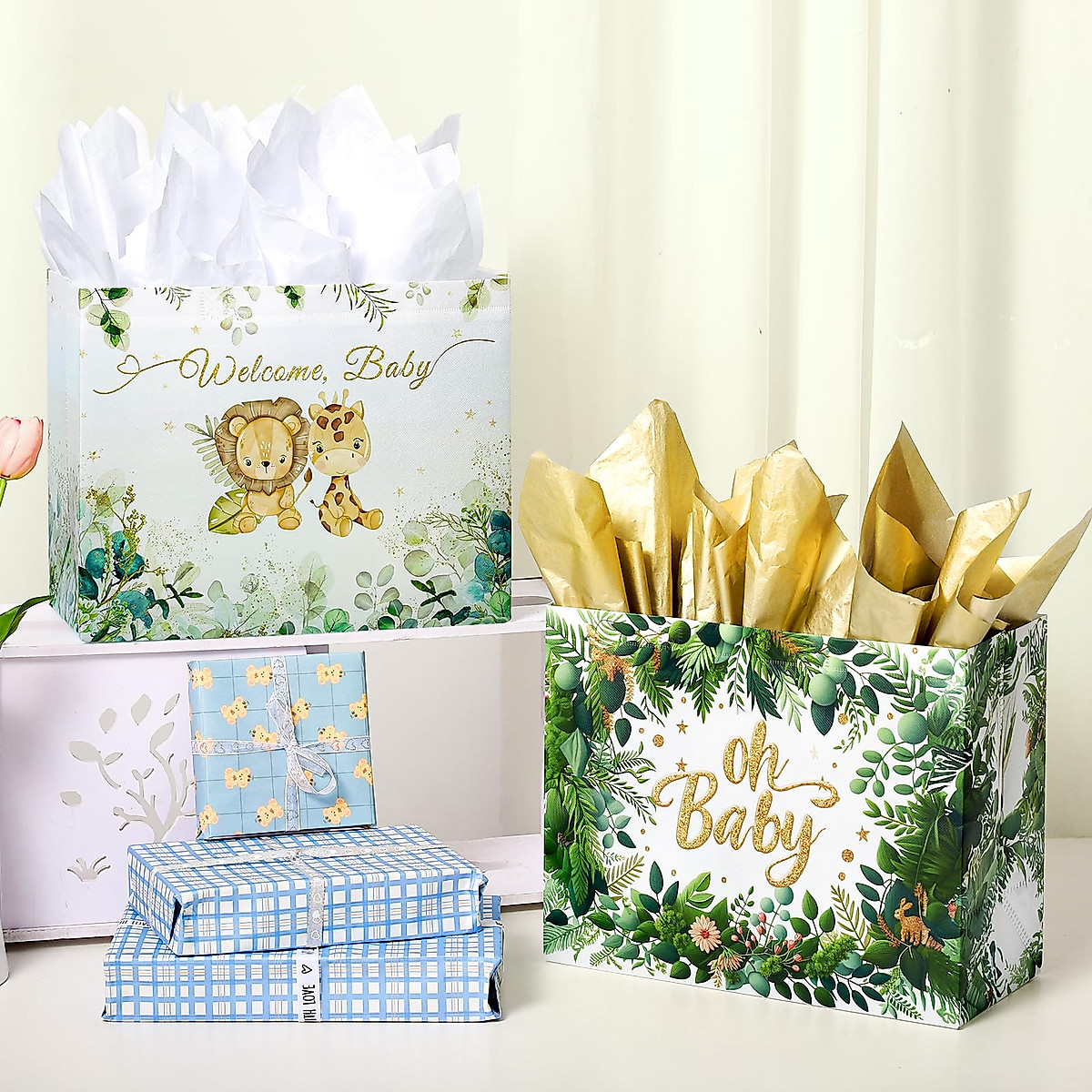 YANGTE 2 Pack 13" Large Baby Gift Bag for Baby Shower, Reusable Non-Woven Baby Gift Wrap Bags with Tissue Paper and Greeting Card for Boy and Girl Baby Shower Party