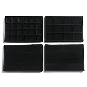 Frebeauty Stackable Velvet Jewelry Organizer Trays for Drawers Inserts Jewelry Storage Tray Display Case Stud Earrings Bracelets Necklace Rings Accessories Trays for Women Girl(Set of 4)(Black).