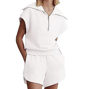 MISSACTIVER Women Two Piece Outfit Quarter 1/4 Zip Cap Sleeve Sweatshirts and High Waisted Shorts Set Loose 2 Piece Tracksuit (Small, White)
