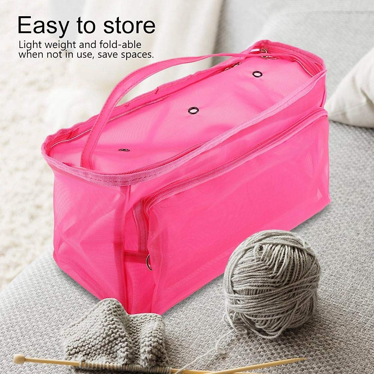Fdit Knitting Bag Yarn Storage/Portable Tote Crochet 3 Holes Storage Bags to Protect Yarn Prevent Tangling(Rose Red)