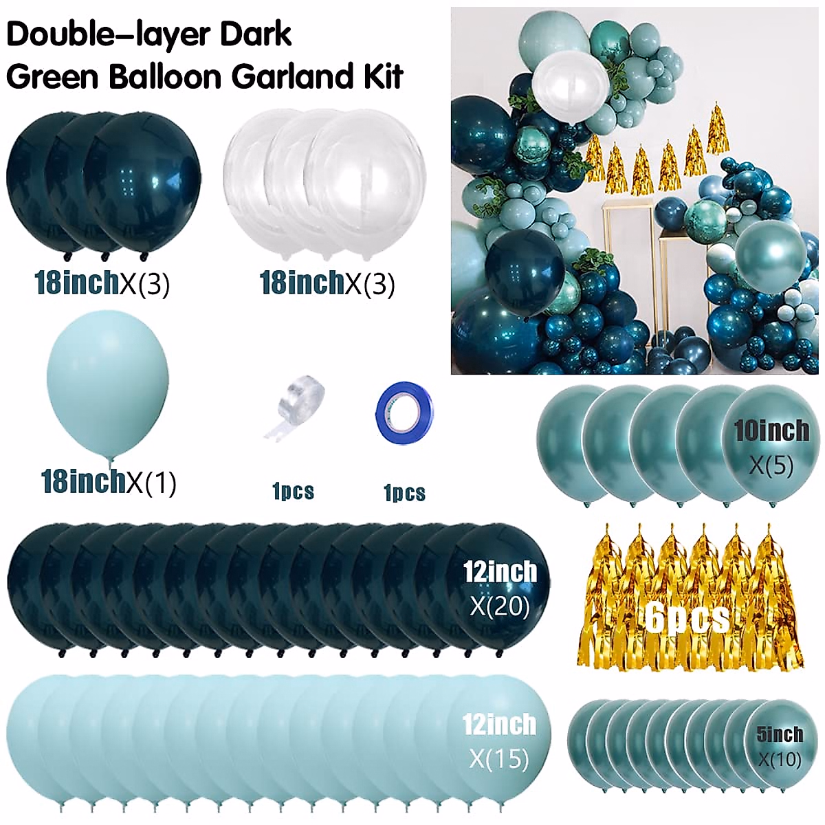 SKEFOLI Dark Teal Balloon Garland Arch Kit for Boys Men Green Jungle Wild One Safari Themed Party Decorations Supplies with Tassel Double-layer Balloons for Birthday Bridal Baby Shower (Dark Teal)