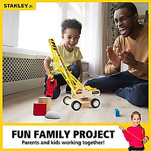 Stanley Jr. STANLEY Jr DIY Yellow Lifting Crane Kit for Kids - Easy Assembly Crane Building Kit - Wood Crane Toy Craft - Wood, Paint & Decals Included