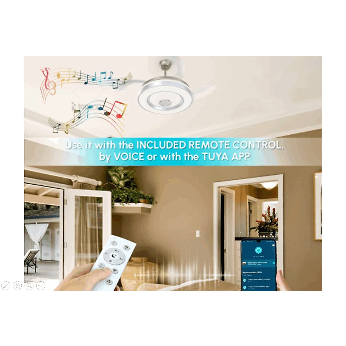 WildWinds 42" Retractable Ceiling Fan With Bluetooth Music Player Speakers | 3 Dimmable LED Lights With Adjustable Speed & Remote Voice Control | Perfect For Bedroom, Living Room & Kitchen