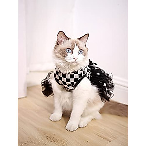 QWINEE Checkerboard Print Bow Decor Pet Dress Cat Dog Mesh Princess Dress Cute Puppy Dresses Pet Party Birthday Costume for Small Medium Large Girl Cats Dogs Kitten Black and White Medium
