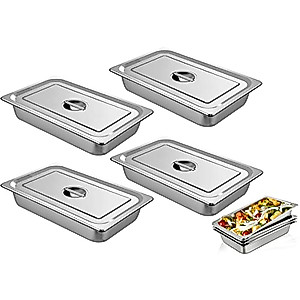 ZeroPone Hotel Pan 4" Deep Steam Table Pan 4 Pack Full Size with Lid 20.8"L x 12.8"W Hotel Pan 22 Gauge Stainless Steel Anti Jam Steam Table Pan