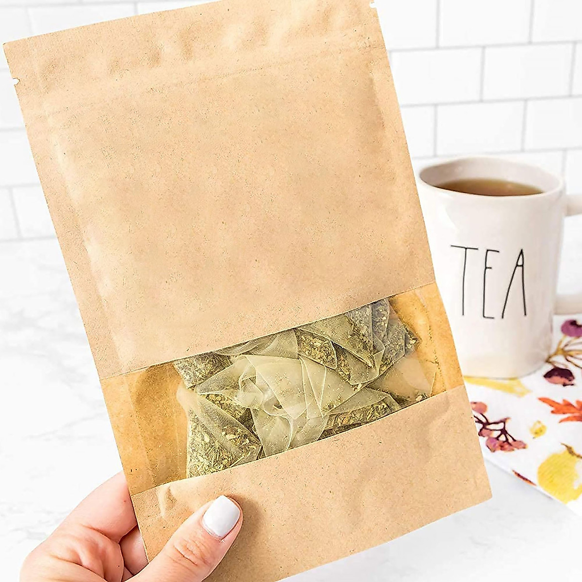 mortd 50Pcs Kraft Paper Sealable Bags with Window, Resealable Food Storage Pouch Stand Up Bags, Reusable Zip Lock Food Storage Bags Seal Paper Bag for Home Kitchen Packaging Products