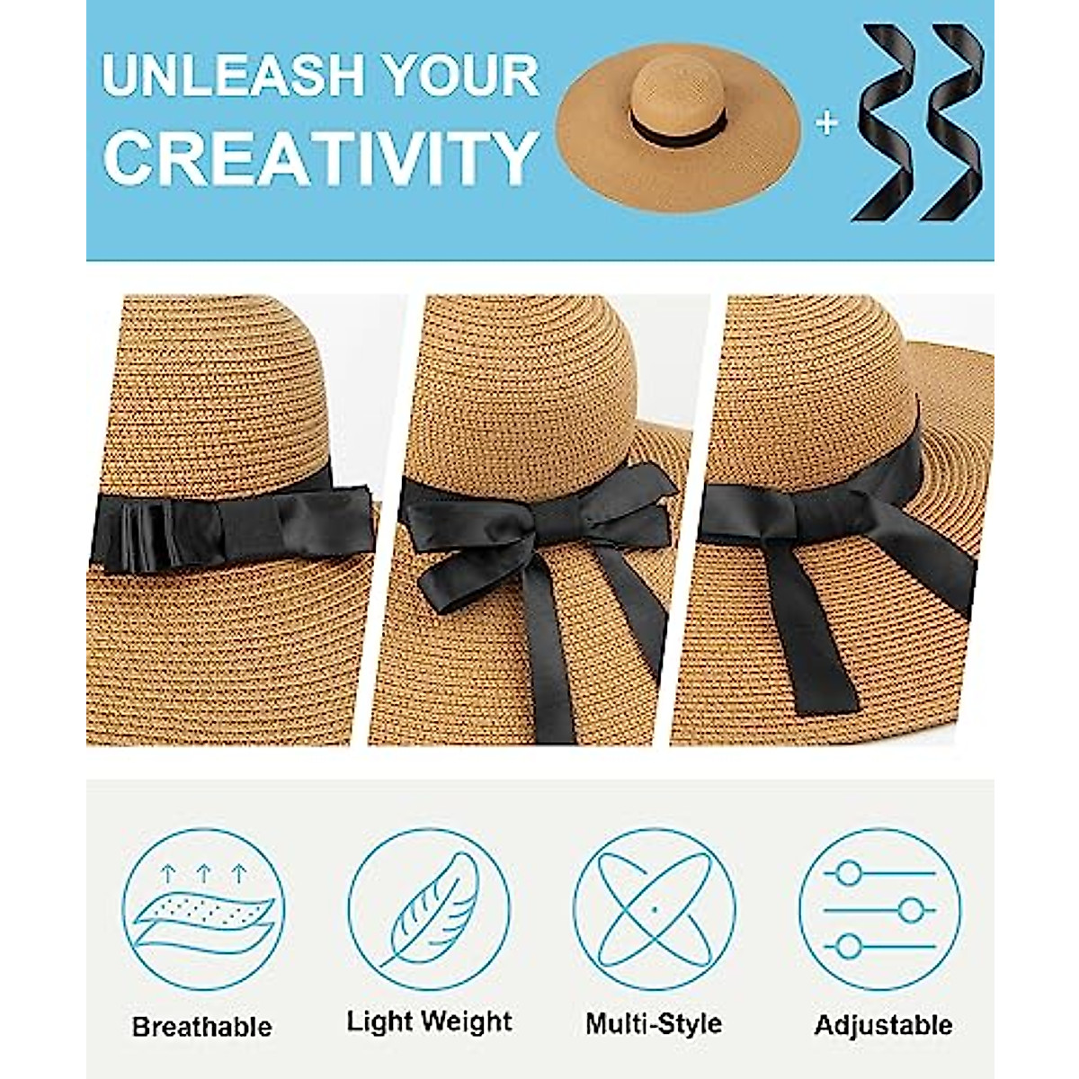 Beach Hats for Women, Wide Brim Sun Straw Hat Foldable Summer Floppy Hat UV Protection Cap, A-Khaki
