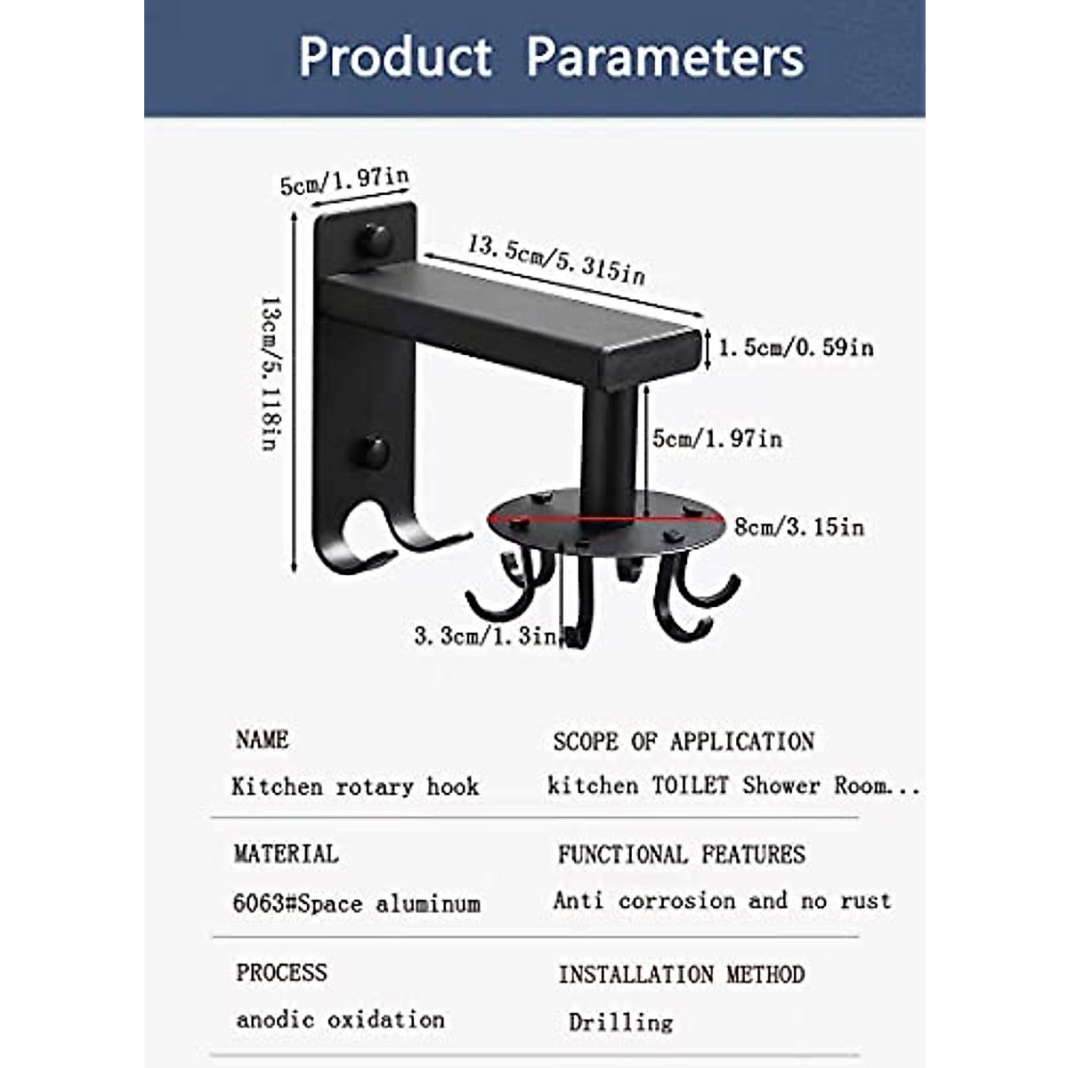 HEFFY Kitchen Storage Rotary Hook Rotatable Utensils Hooks Aluminum Small Utensil Holder Cooking Tool Hanger Bathroom Toilet RV Campers Easy to Install with 8 Removable Black