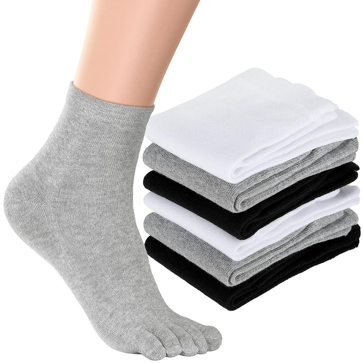 Bencailor 6 Pairs Women Five Toe Socks Cotton Breathable Compression Solid Color Tube Sock for Women Men Athletic Running(5-9,Black, White, Gray)