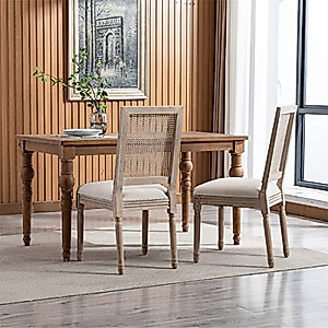 French Dining Chairs Set of 2, 2 Pack Vintage French Dining Chairs Set, Wood Frame Linen Fabric Seating Chairs with Painting Rattan Back, Living Room Chairs with Wood Legs, Easy Assembly, Cream