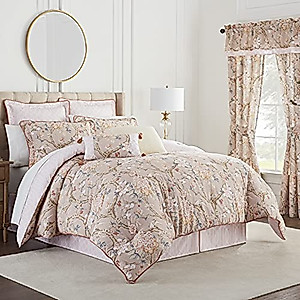 Waverly Peony Gardens 4 Piece Cotton Comforter Set, Embellished All Season Bedding, includes One Comforter, One Bed Skirt and Two Pillow Shams, Machine Washable Queen Bed Set, Taupe