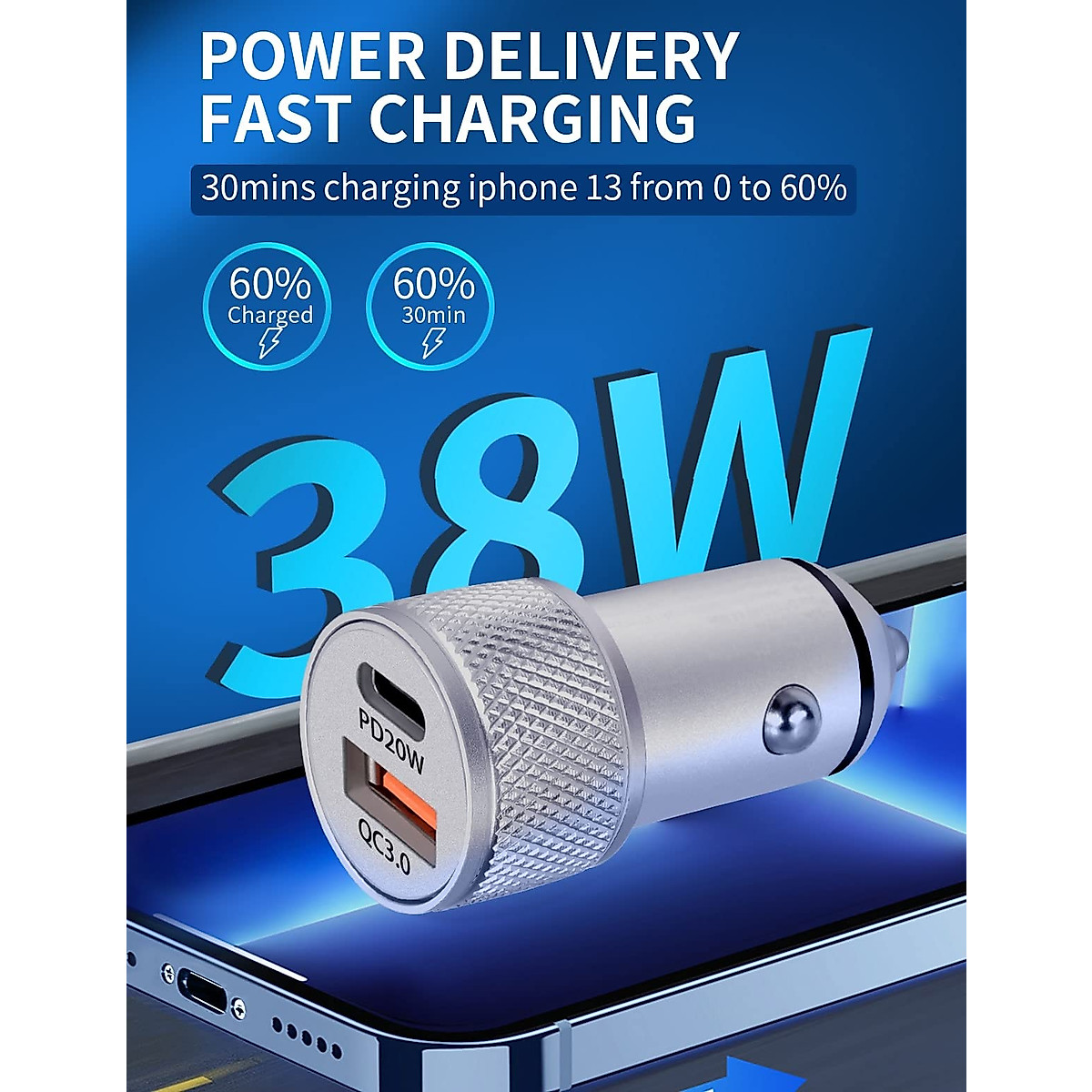 [2Pack] Cynemo Fast Car Charger for iPhone 13 12 11, 38W Dual Port 20W USB C Car Charger Adapter Power Delivery Metal Mini Cigarette Lighter PD QC3.0 Quick Charger for iPhone Samsung Galaxy Devices