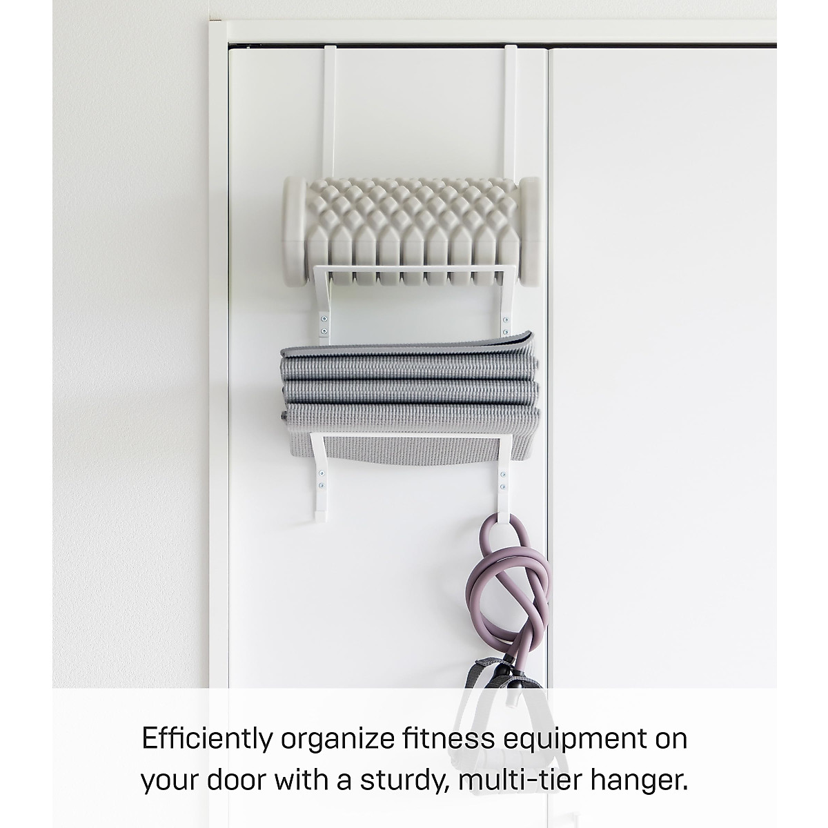 Yamazaki Home Tower Over-The-Door Yoga Mat Storage Hanger - 3-Tier Organizer for Foam Rollers, Backpacks, Hats, Bags - Extra Closet Space Saver - Steel
