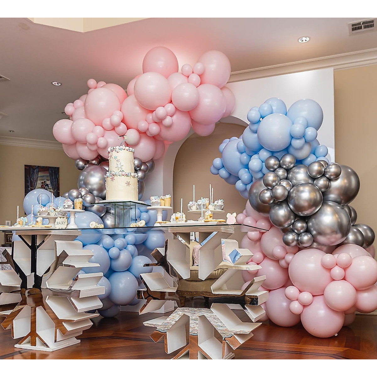 HKYOOD 140Pcs Gender Reveal Balloon Garland Arch Kit - Pink and Blue Balloons Silver Latex Balloon for Boy or Girl Gender Reveal Decorations Birthday Party Baby Shower Celebration Anniversary (No Box)