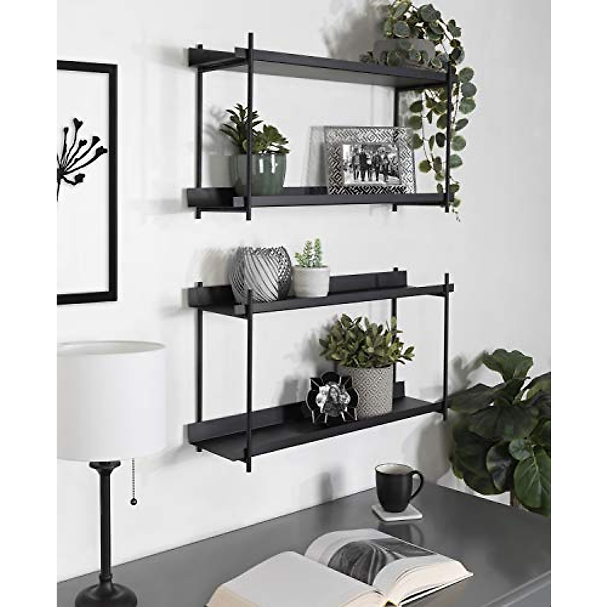 Kate and Laurel Dominic Modern Metal Shelf, 28 x 7 x 14.5, Black, Sleek 2-Tier Floating Book Shelves for Wall